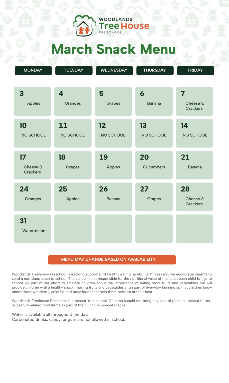 Snack Menu – Woodlands TreeHouse Preschool