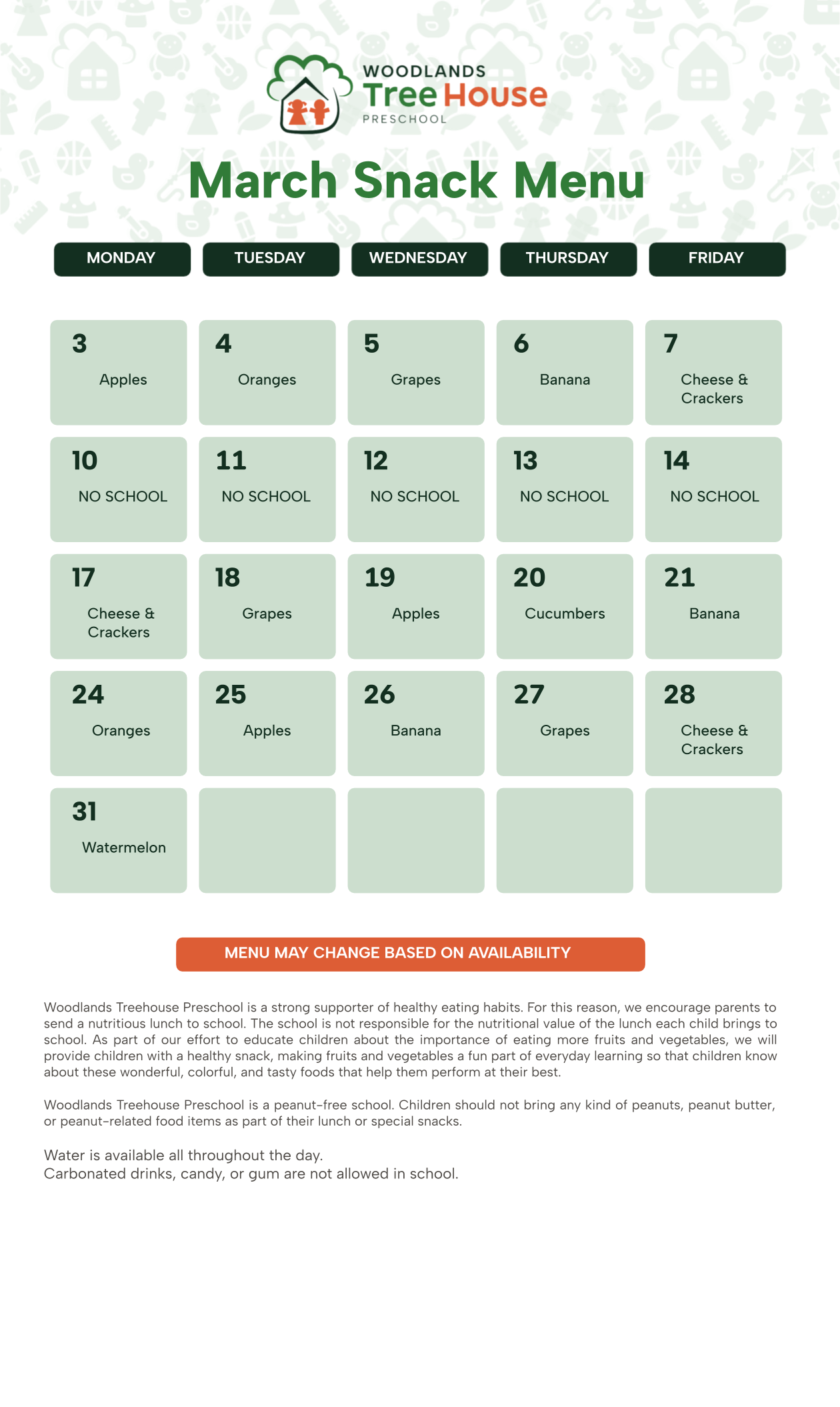 Snack Menu – Woodlands TreeHouse Preschool