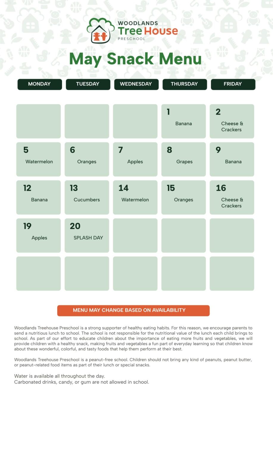 Snack Menu – Woodlands TreeHouse Preschool