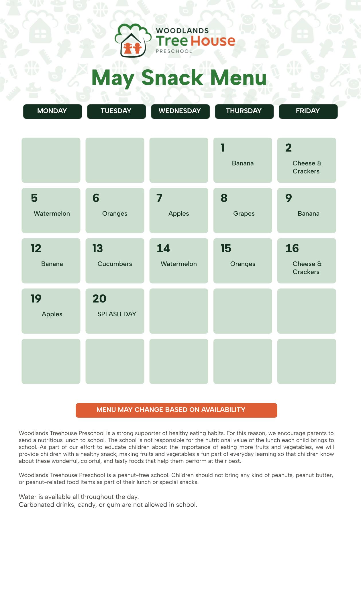Snack Menu – Woodlands TreeHouse Preschool